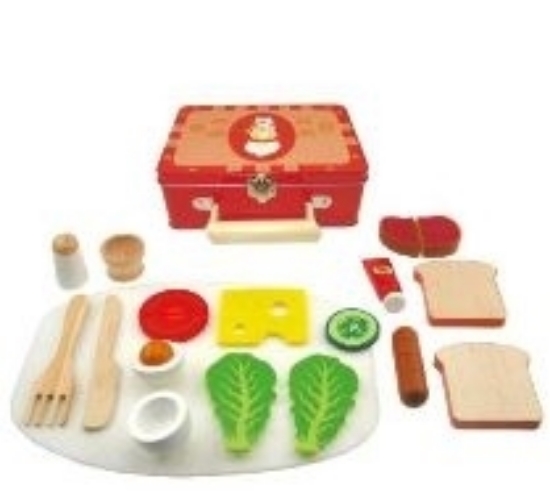 HOUT-DOE.NL | Duurzaam houten speelgoed. Ontbijtset koffertje blik met houten spulletjes kopen ...